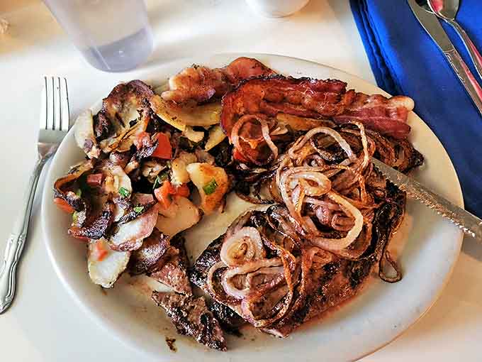 Liver and onions with crispy bacon – the dish that separates the diner enthusiasts from the merely curious.