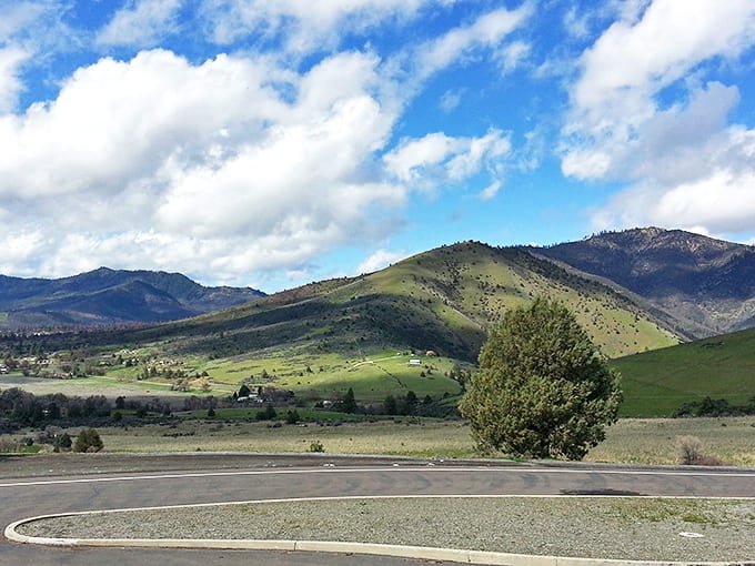 Rolling hills embrace Yreka Valley in a patchwork of greens and golds, nature's quilt spread beneath California's northern skies.