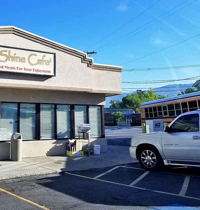 The parking lot view that locals know means salvation is just steps away &ndash; where Utah's mountains stand guard over morning hunger pangs.