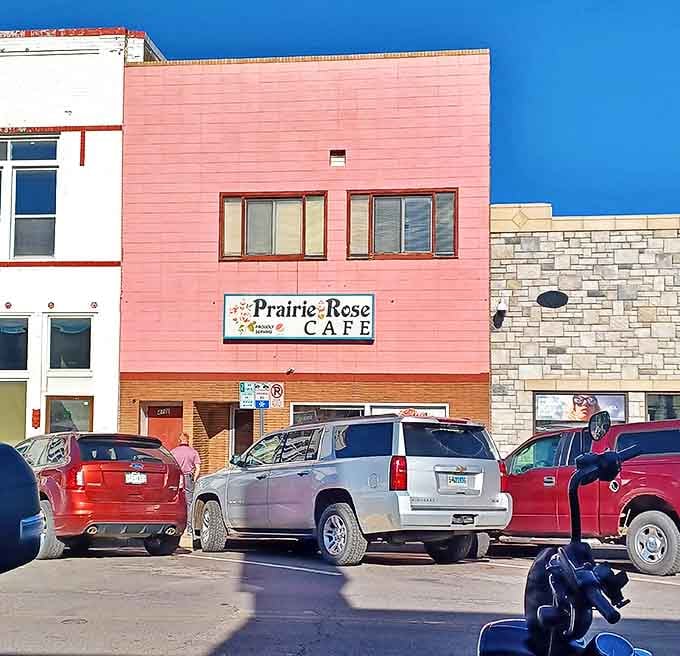 A parking lot filled with vehicles of people who understand that sometimes the best dining experiences happen where the building is pink and unpretentious.