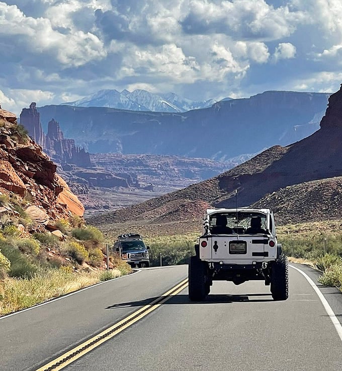 Off-roading with a backdrop that makes every Jeep commercial jealous. Those La Sal Mountains are showing off again.