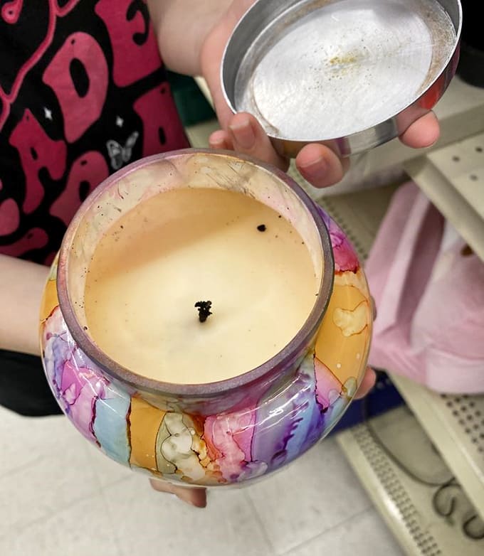 Scented treasures hiding among the housewares. This colorful candle might have cost $30 new, but thrift magic makes it yours for a song.