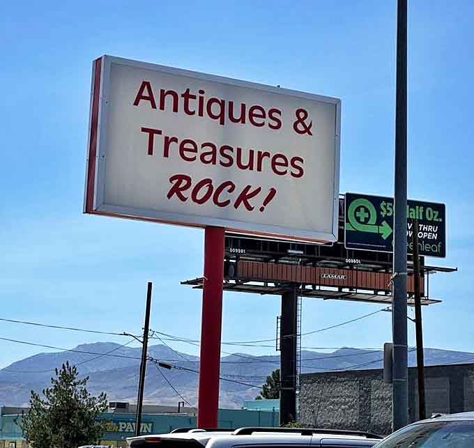 The sign says it all—these treasures truly ROCK! Against the backdrop of Nevada mountains, this beacon guides collectors to their happy place.