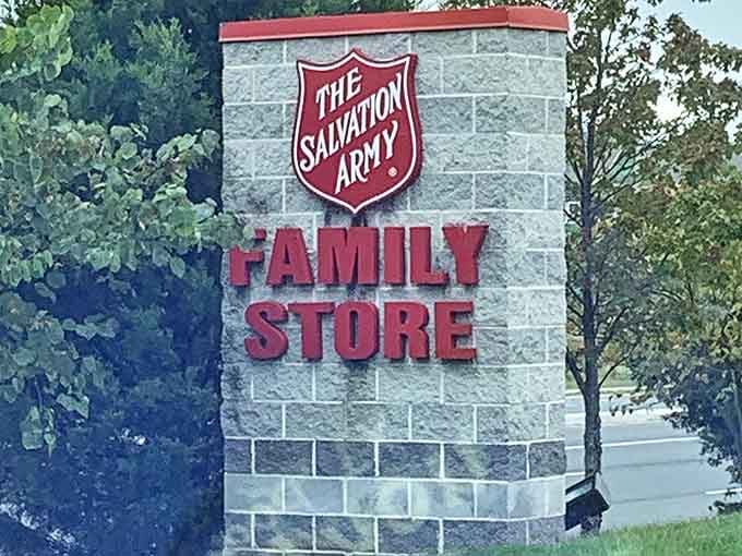 The stone sign stands as a beacon to bargain hunters. Like a lighthouse guiding ships to safe harbor, it welcomes the thrifty to shores of possibility.