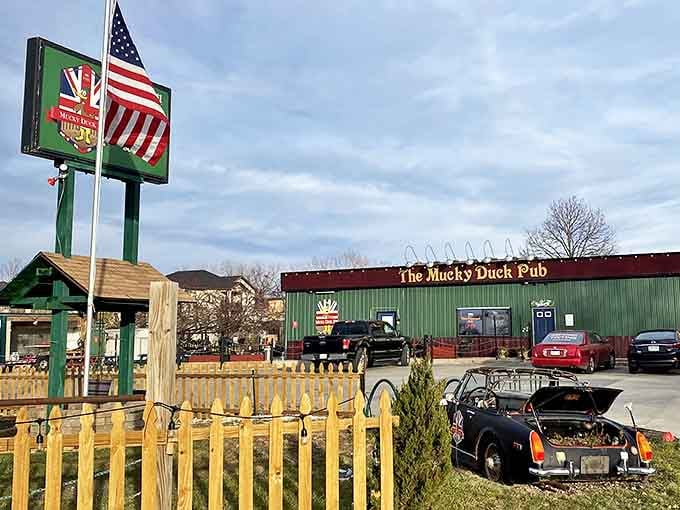 The Mucky Duck stands proudly flying both American and British flags&mdash;a perfect visual metaphor for this culinary and cultural bridge between Iowa and England.