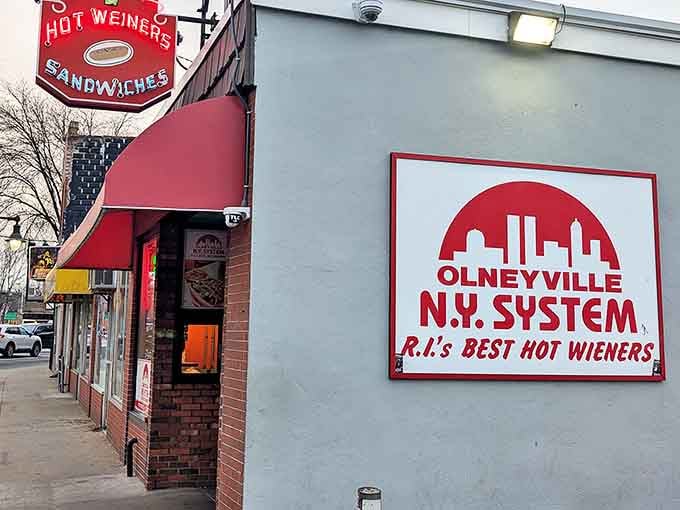 The exterior sign proudly proclaims "R.I.'s BEST HOT WIENERS" &ndash; a bold claim that few locals would dare to dispute.