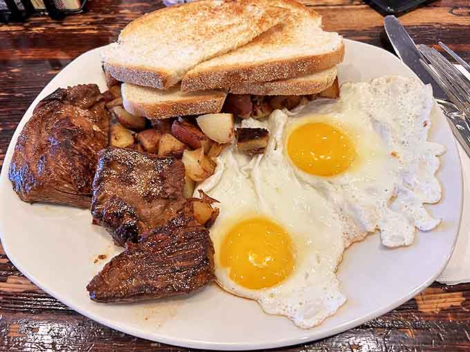 The steak and eggs plate that answers the eternal question: "How do I fuel up for a day when I might need to move a piano?"