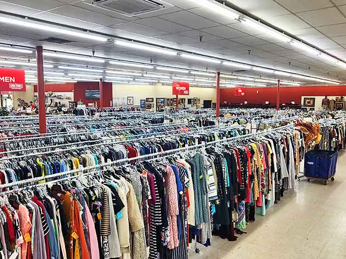 The vastness of the clothing section rivals small department stores. A textile ocean where fashion trends of decades past swim alongside contemporary finds.