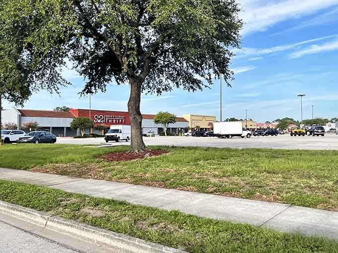 From the street view, Hope's Closet stands as a community landmark, its burgundy sign a familiar beacon for savvy shoppers throughout Jacksonville.