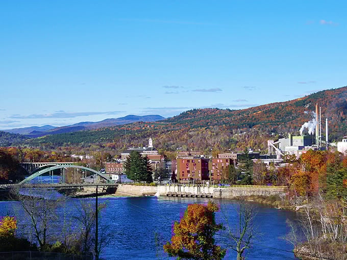 The paper mill and town nestle together along the river, a panorama that tells Rumford's story of industry and natural beauty coexisting for generations.