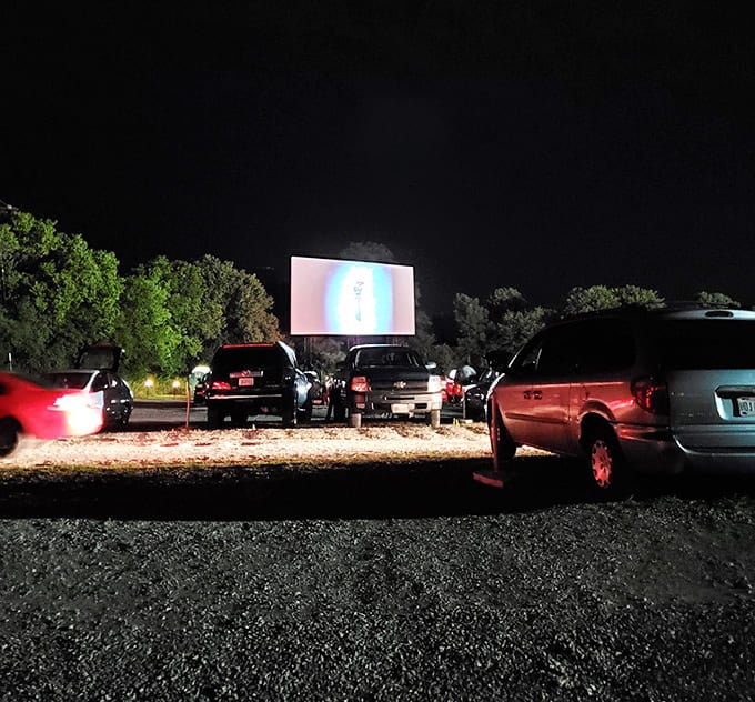 Cars gathered under the night sky, headlights dimmed, as the screen illuminates faces with that unmistakable movie magic glow.