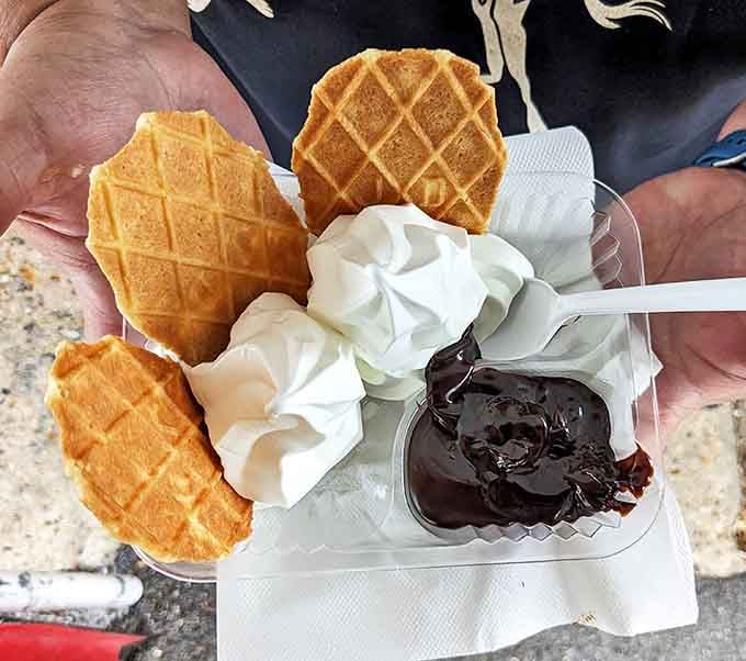 Crisp waffle bowls standing at attention, ready to support their cargo of whipped cream and hot fudge&mdash;proof that dessert architecture can be both beautiful and delicious.