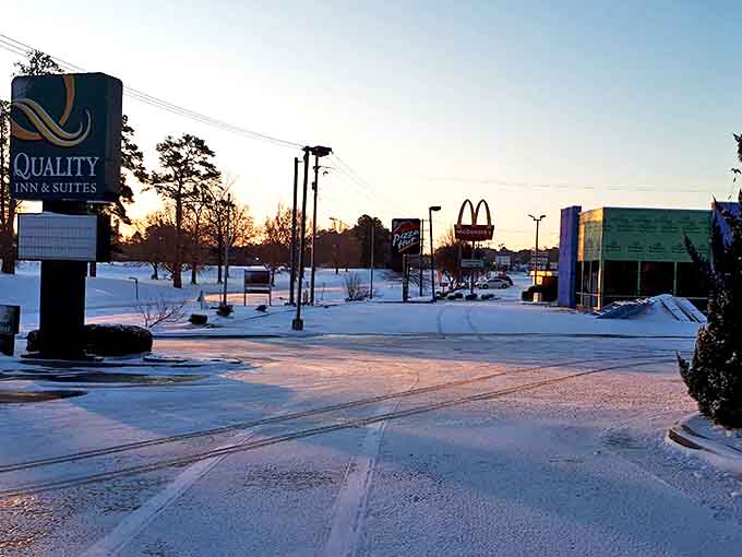 Even under a blanket of snow, Tarboro's commercial district keeps going. Winter transforms familiar landmarks into a postcard-perfect scene.