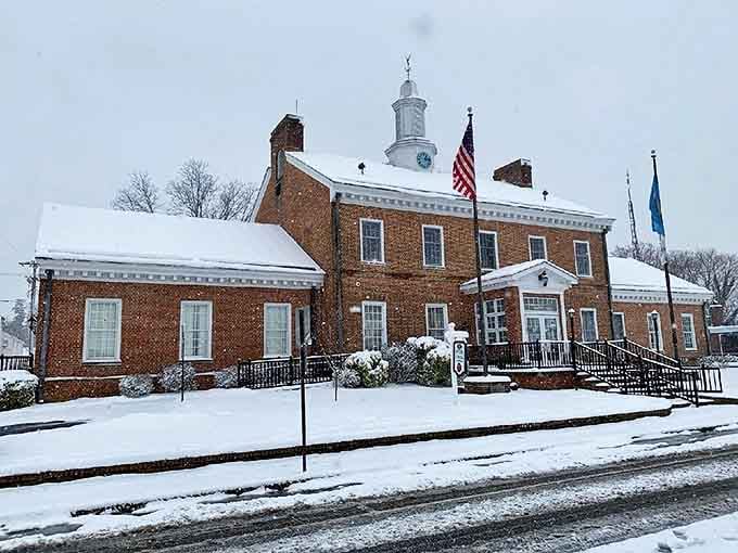 Even under a blanket of snow, Smyrna's Town Hall maintains its dignified charm &ndash; winter just adds a frosting of elegance.