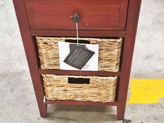 This unassuming storage unit with woven baskets proves organization can be both practical and pretty at ReStore prices.