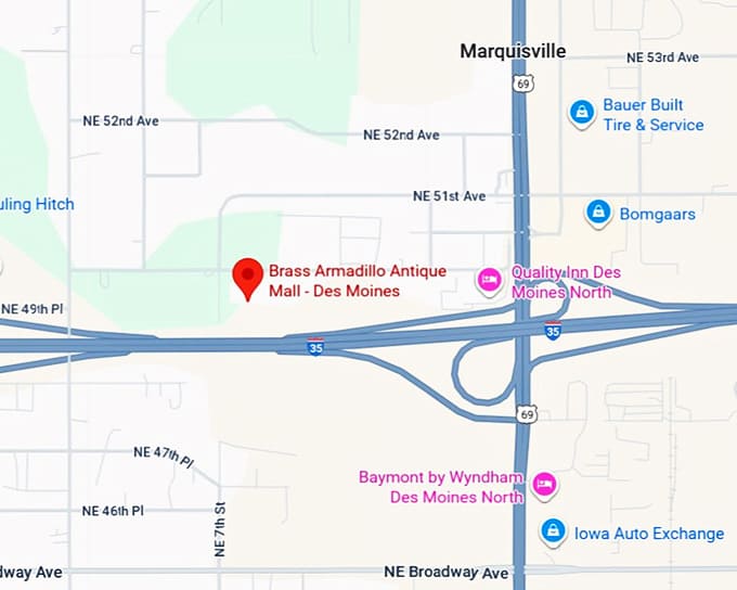 16. brass armadillo antique mall des moines map