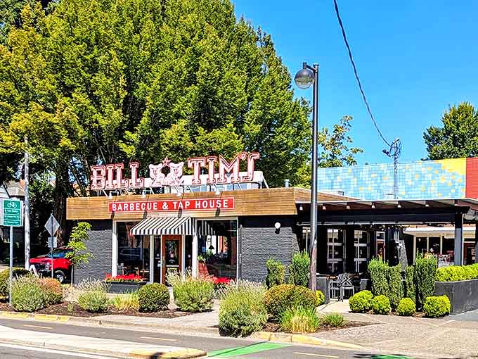 Bright signage against a perfect blue sky &ndash; nature's way of saying "turn here for smoked meat nirvana!"