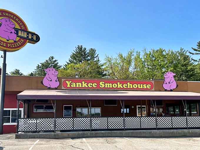 Those cheerful pink pigs on the sign seem blissfully unaware of their role in the culinary magic happening inside. Irony never tasted so delicious.