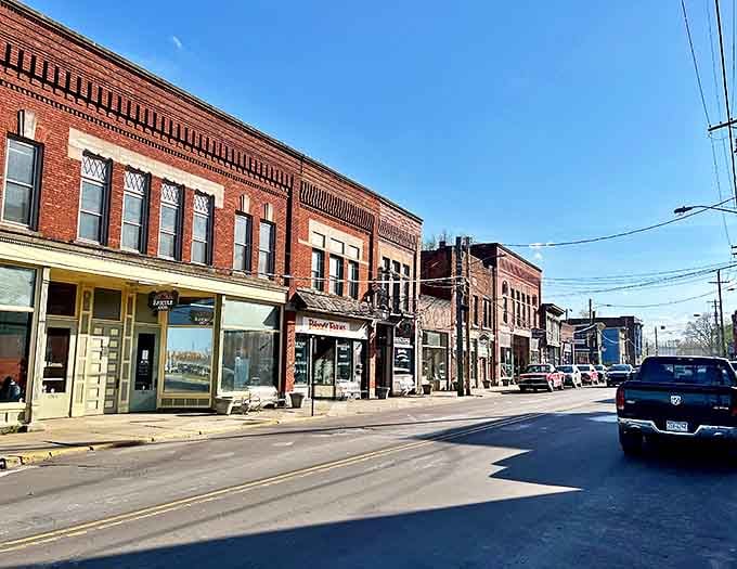 Historic brick buildings line Ashtabula's main street, where time seems to slow down just enough to savor life's simple pleasures.