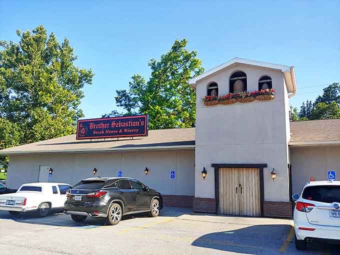 That charming tower with flower boxes hints at the monastery magic waiting inside this beloved steakhouse.