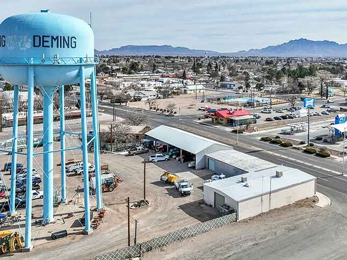 Deming's iconic blue water tower stands like a sentinel, watching over this affordable desert gem where retirement dollars stretch like the horizon.