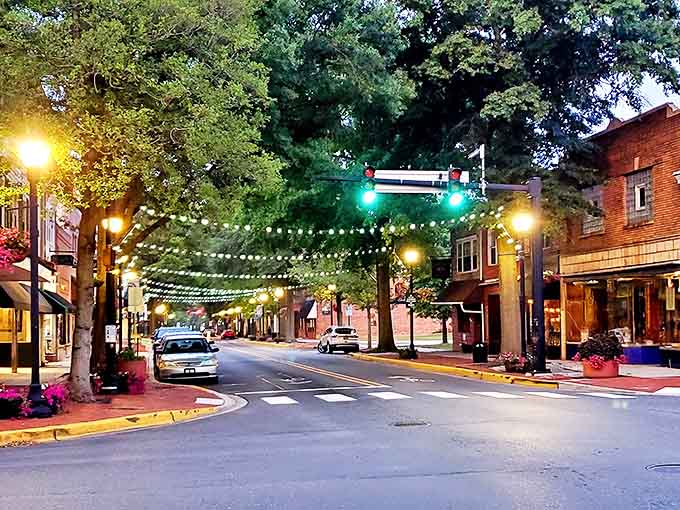 Dover's enchanting downtown comes alive at dusk, with twinkling string lights creating a magical small-town atmosphere that feels like stepping into a Hallmark movie.