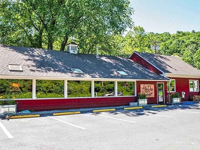 That red building practically screams "serious BBQ lives here" louder than a dinner bell at suppertime.