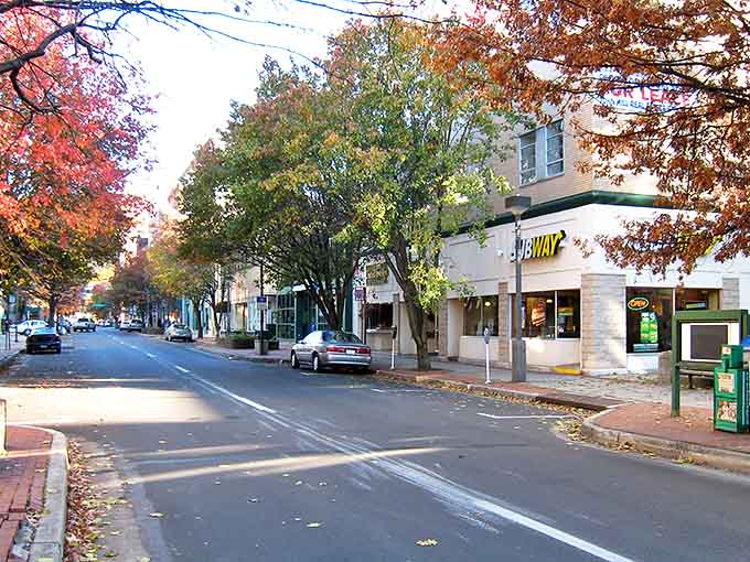 Tree-lined streets and friendly storefronts create the perfect small-town atmosphere for afternoon strolls.