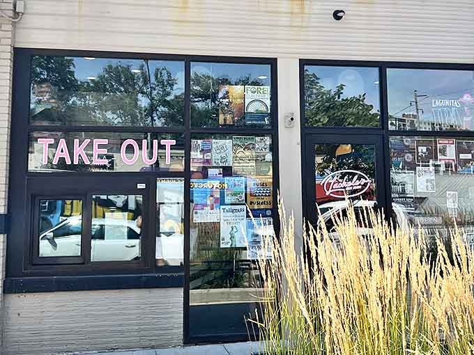 The unassuming storefront of Lachele's Fine Foods - where burger magic happens behind that simple "TAKE OUT" sign.