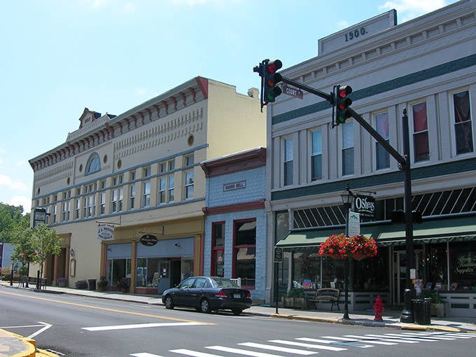 Historic downtown Lewisburg, where brick buildings and flower baskets create the perfect backdrop for your own small-town romance novel.