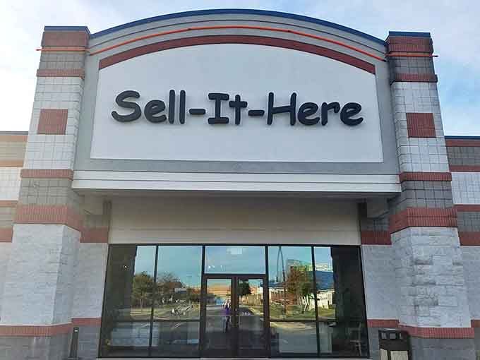 The "Sell-It-Here" sign promises treasure hunting adventures behind those glass doors. Like a retail mullet&mdash;business in the front, party of finds inside!