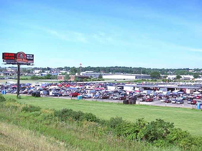 Treasure hunting paradise! The packed parking lot at Treasure Aisles Flea Market looks like a small city of bargain seekers ready for adventure.