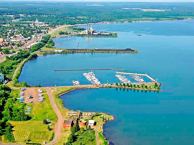 The historic ore dock points into Chequamegon Bay, a reminder of Ashland's working past amid today's peaceful waters.