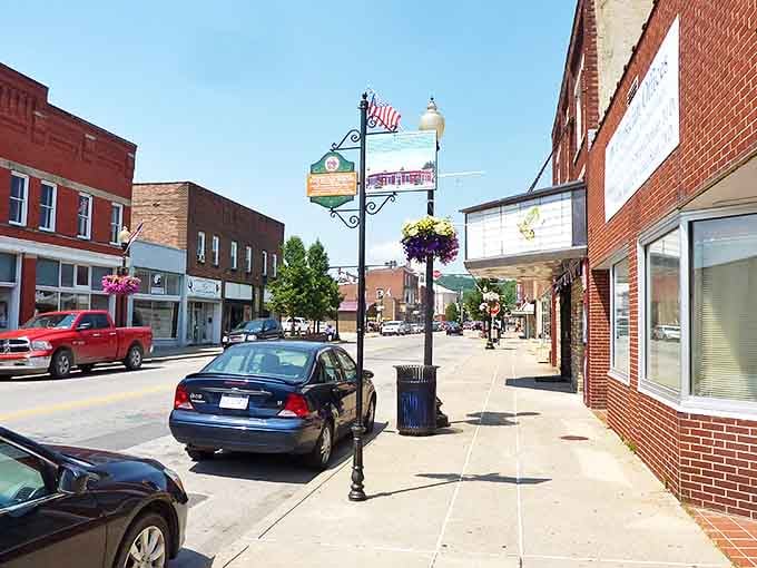 Hanging flower baskets and vintage lampposts give Buckhannon's downtown that "why don't we live here?" charm.