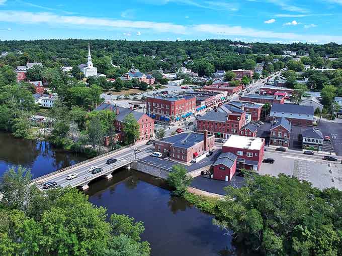 From above, Ellsworth looks like someone scattered perfect New England charm across the landscape with surgical precision.
