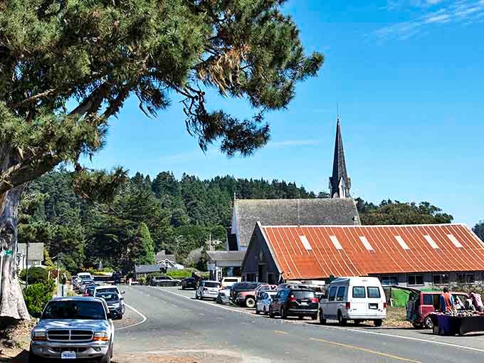 This charming church spire rises above Mendocino's main street, where time slows down and conversations deepen.