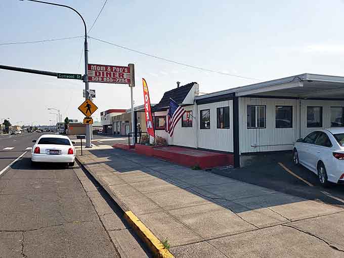 The American flag waves a patriotic hello outside Mom and Pop's, where breakfast is served with a side of small-town charm.