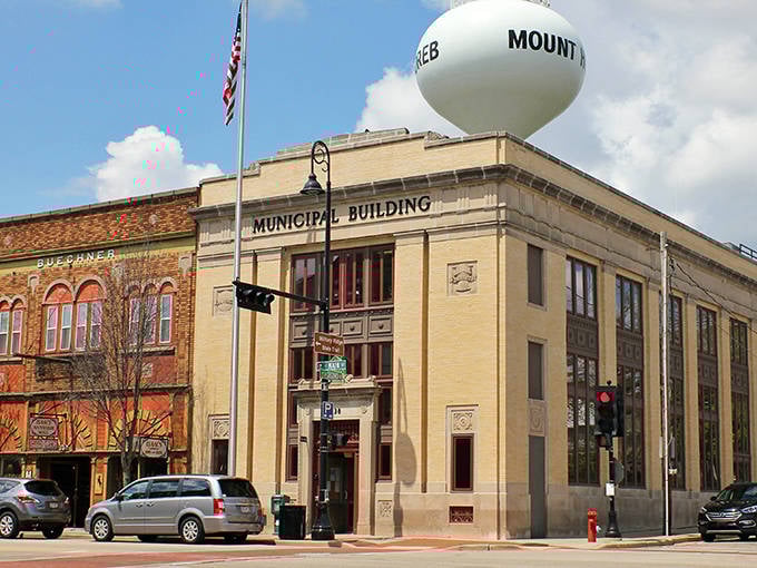 That water tower watching over Mount Horeb is like the town's friendly giant, keeping an eye on the troll-filled streets below.