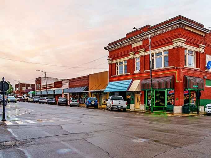 Historic brick buildings line Poteau's main street, telling stories of simpler times and neighborly connections.