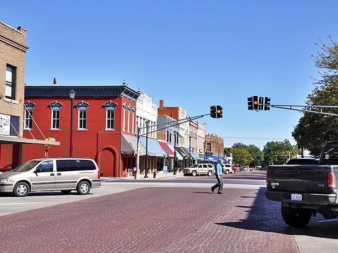 Classic brick buildings frame Seward's main street, where angle parking means you're never far from your next discovery.