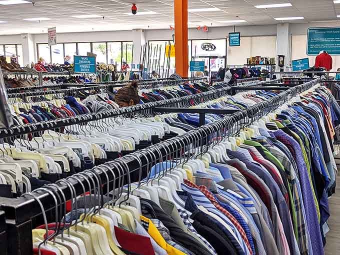 Rows upon rows of neatly organized clothing await – this isn't your grandmother's jumbled thrift store!