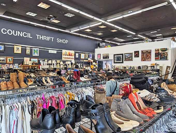 Inside The Council Shop, a wonderland of organized chaos awaits. Shoes and clothing arranged with just enough order to make the hunt exciting.