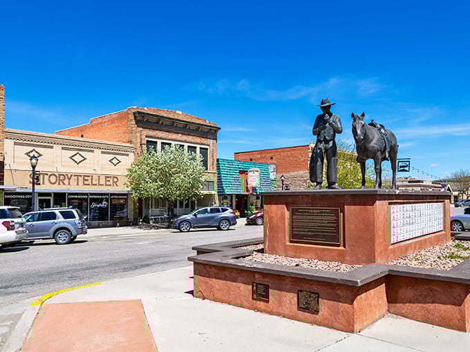 A cowboy and his horse stand sentinel in downtown Thermopolis, reminding us that Wyoming's spirit remains untamed even in bronze.