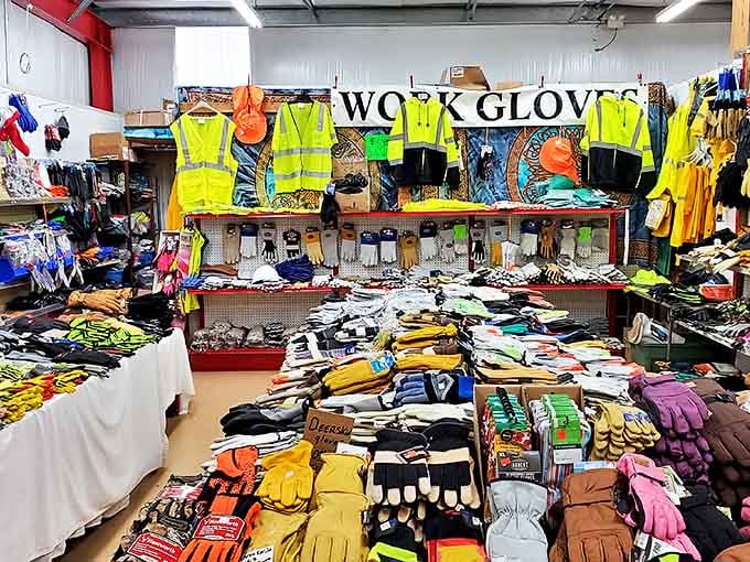 Work glove wonderland! This colorful display could outfit an army of gardeners, mechanics, and DIY enthusiasts&mdash;all at prices that won't make your wallet weep.