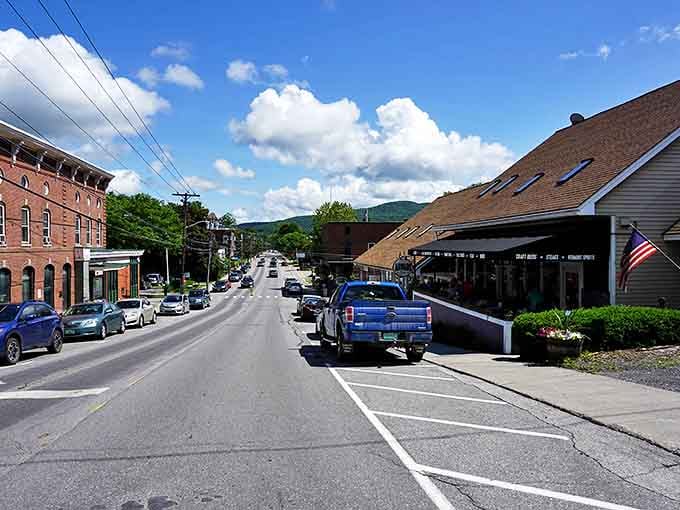 Main Street stretches toward distant hills, a perfect snapshot of Vermont's small-town charm in every storefront.