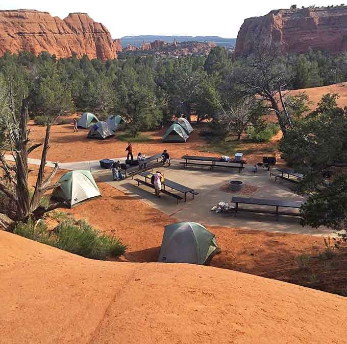 Camping nirvana: where your morning coffee comes with a side of geological wonder and blessed tranquility.