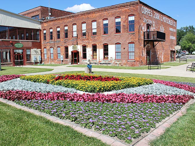 Coppes Commons transformed from cabinet factory to foodie paradise. The vibrant quilt garden outside mirrors the colorful culinary creations you'll find within these historic brick walls.