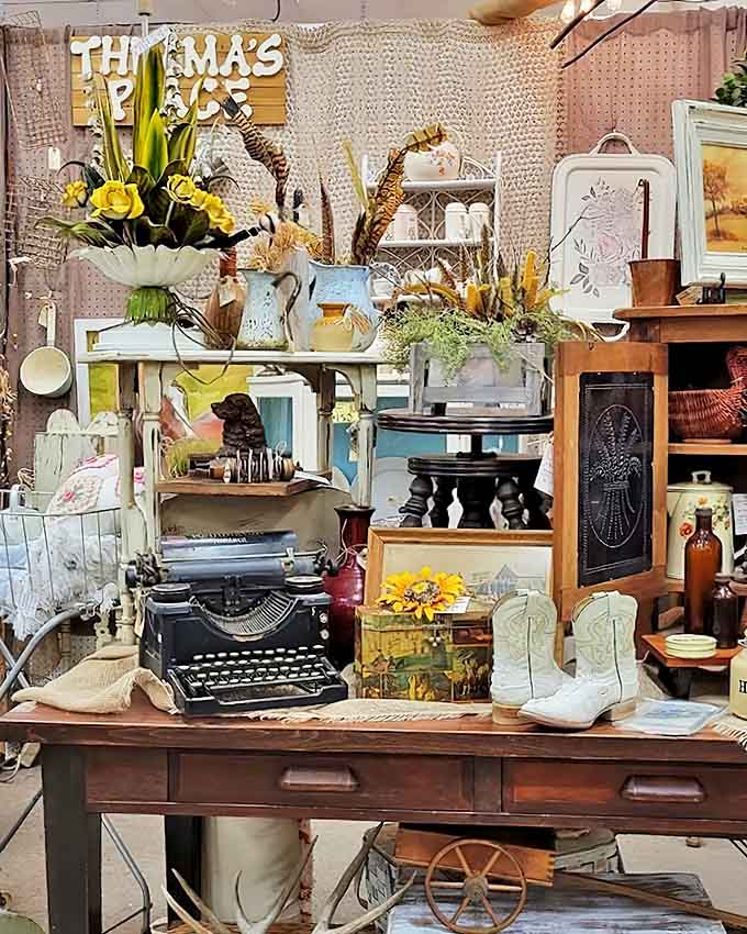 This perfectly curated vignette feels like stepping into your stylish grandmother's attic &ndash; if she collected vintage typewriters and cowboy boots with impeccable taste.