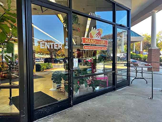 "ENTER" indeed &ndash; this doorway might as well say "Abandon all budget restraint, ye who walk through here." The HandmeUPs welcome sign promises adventures in thrifting.