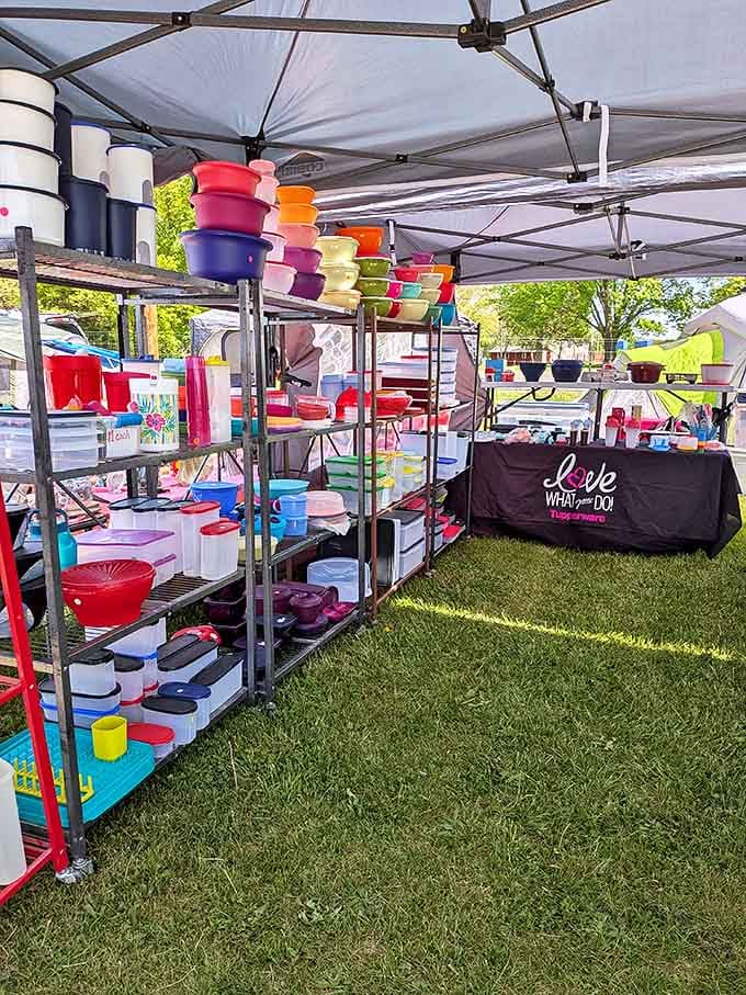 Rainbow-hued plastic containers create a kaleidoscope of kitchen possibilities. Who knew storage solutions could be this cheerful? Marie Kondo would approve.